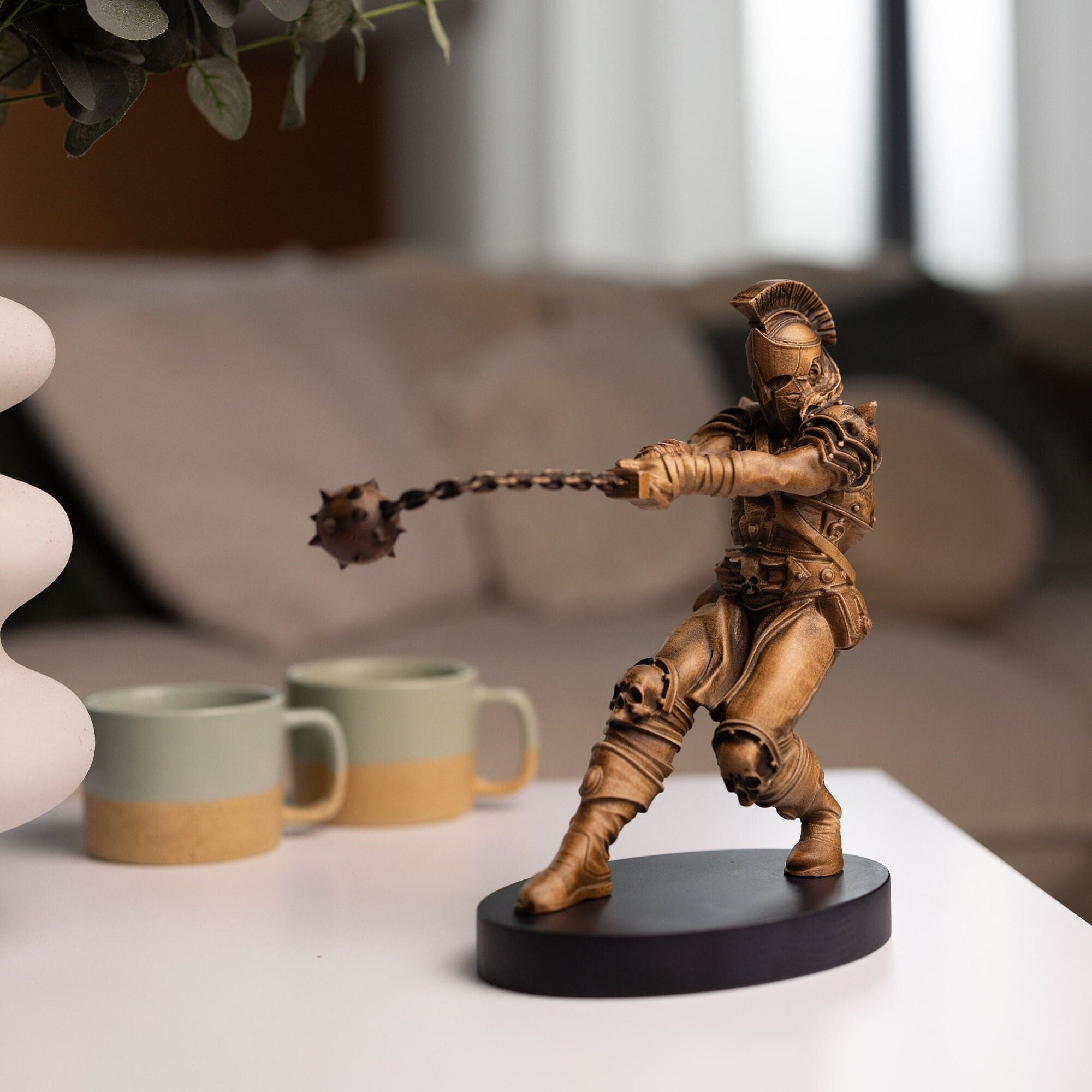 Wood Statue Gladiator With Mace Greek Warrior Sculpture